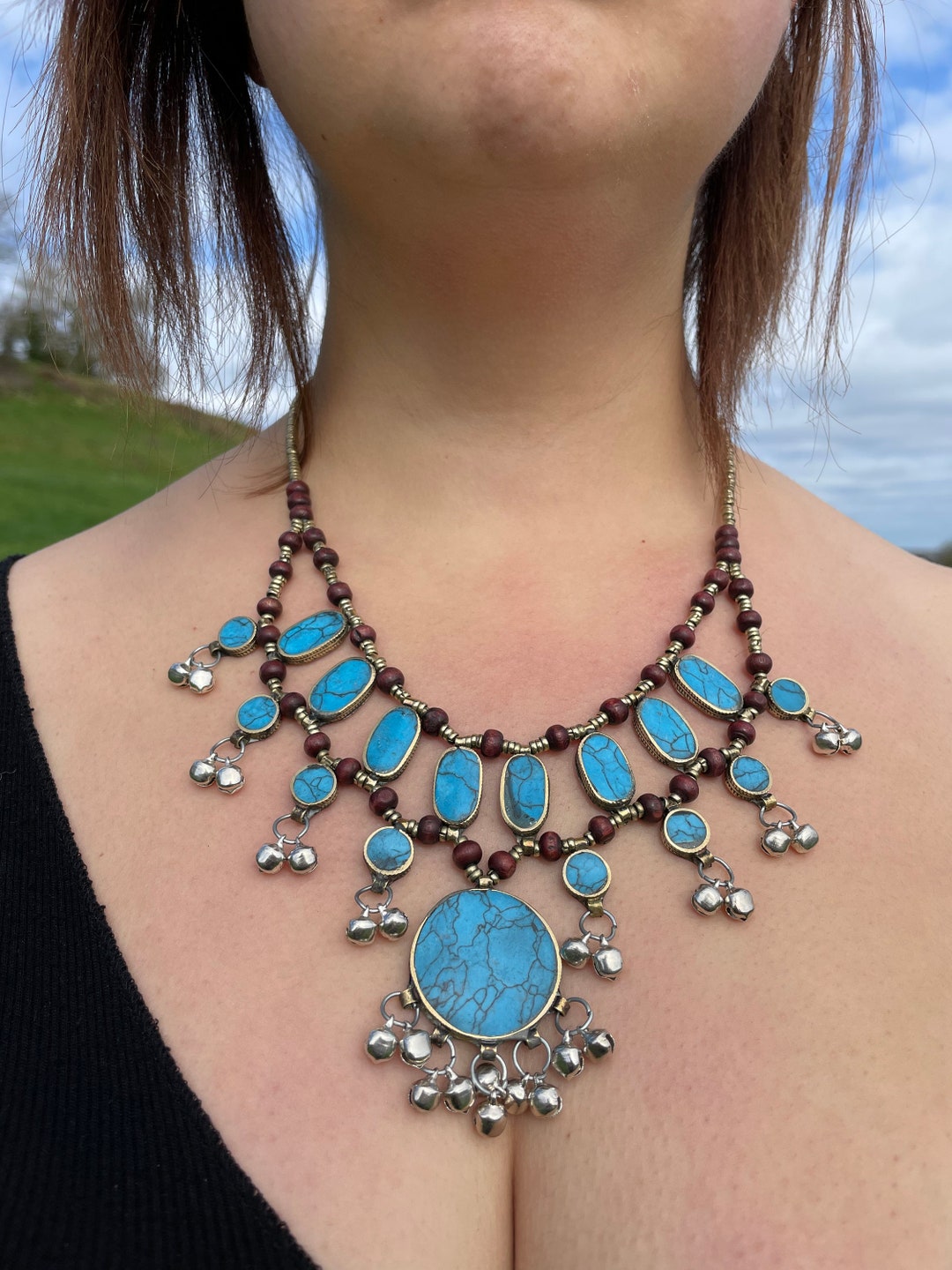 Collier Afghan Kuchi Turquoise Et Perles Bois Collier Vintage Kuchi ...