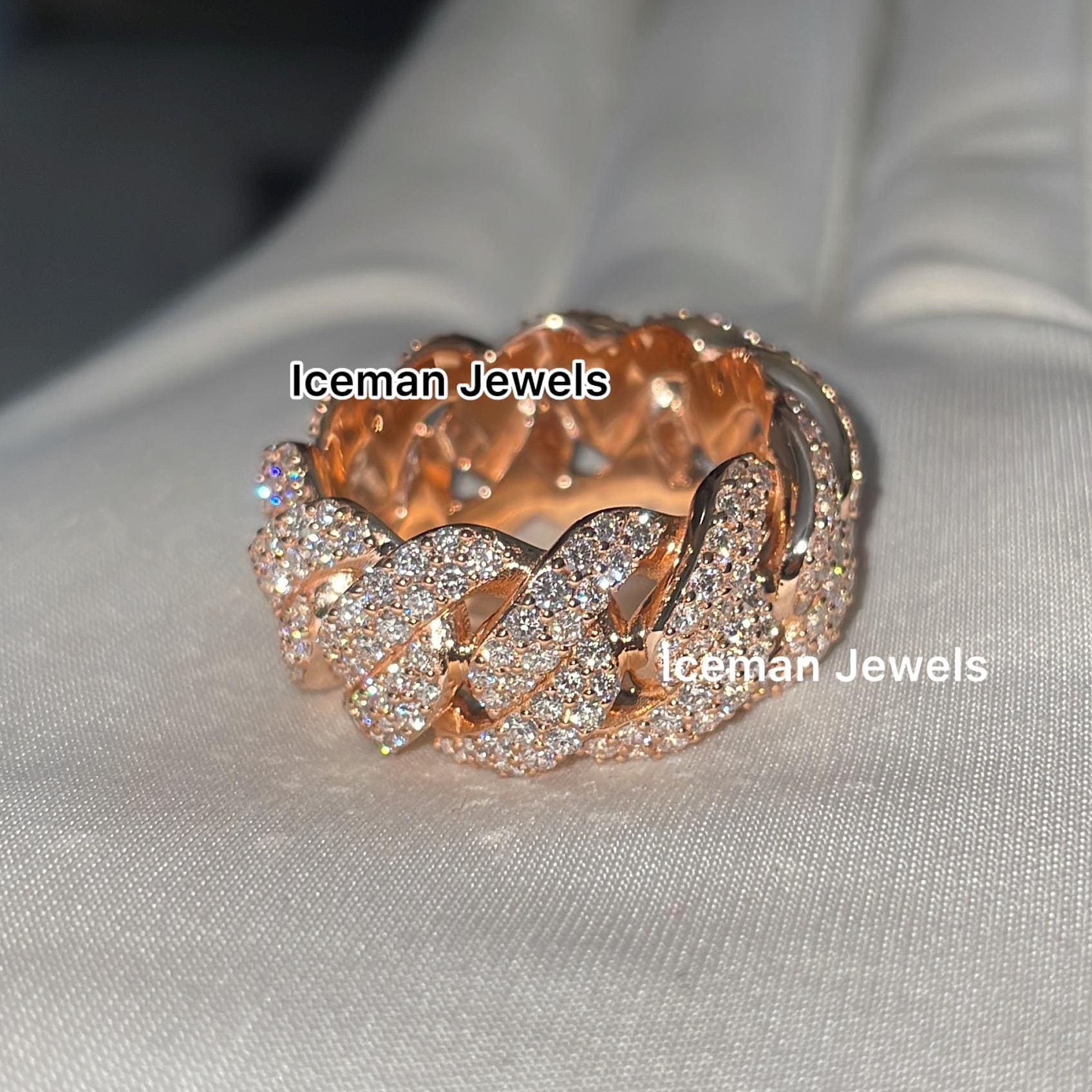 14K Solid Rose Gold Iced Out Real Moissanite Diamond Band Unique ...