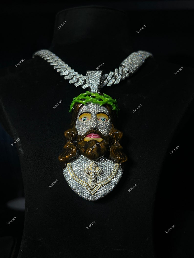 Iced Out VVS Moissanite Enamel Jesus Pendant. 925 Silver Pendant Chain ...