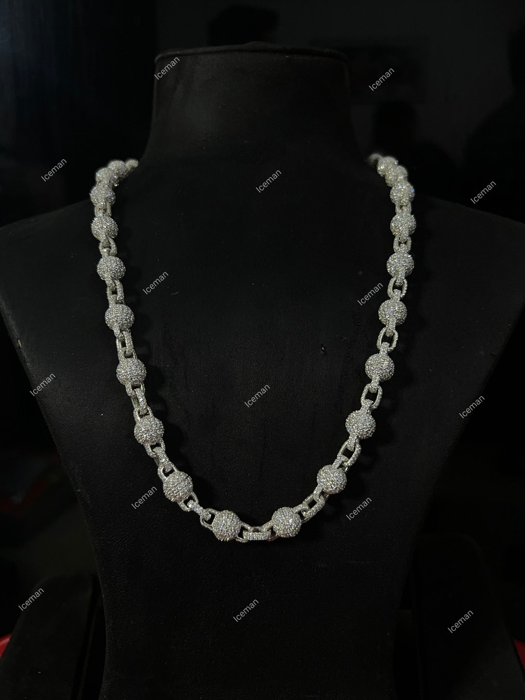 14mm 22 Inch Iced Out VVS Moissanite Diamond Ball Chain, 925 Sterling ...
