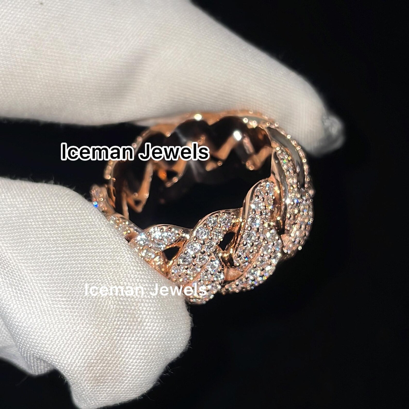 14K Solid Rose Gold Iced Out Real Moissanite Diamond Band Unique ...