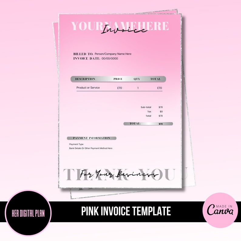 Pink Invoiceeditable Templateprintable Business Digital Canva - Etsy