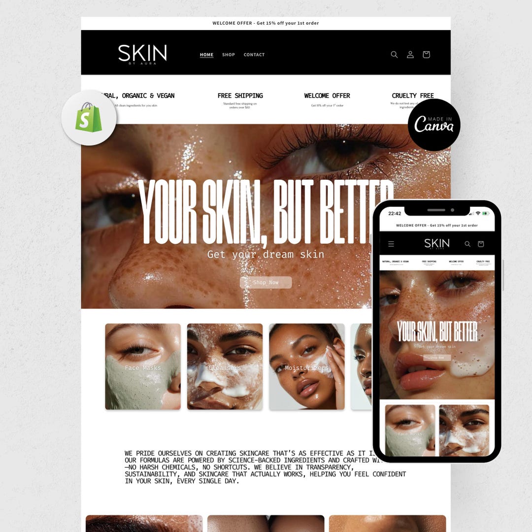 Skin Care Shopify Website Design, Skincare Website Template, Branding ...