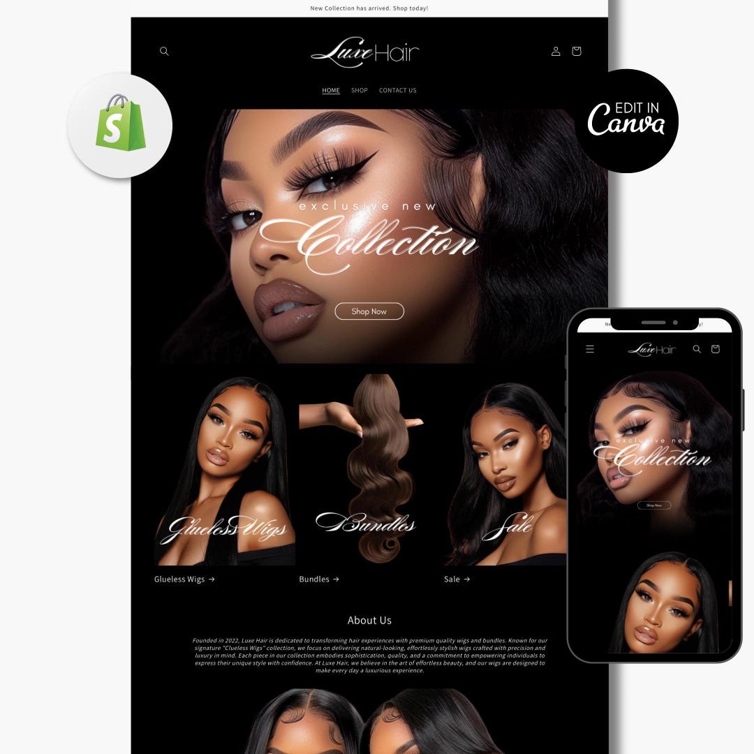 Shopify Hair Website Design, Editable Canva Website Hair Banners ...