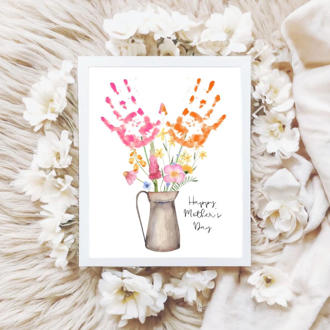 Mother's Day Flower Bouquet Handprint Art Craft DIY, Watercolor Yellow ...