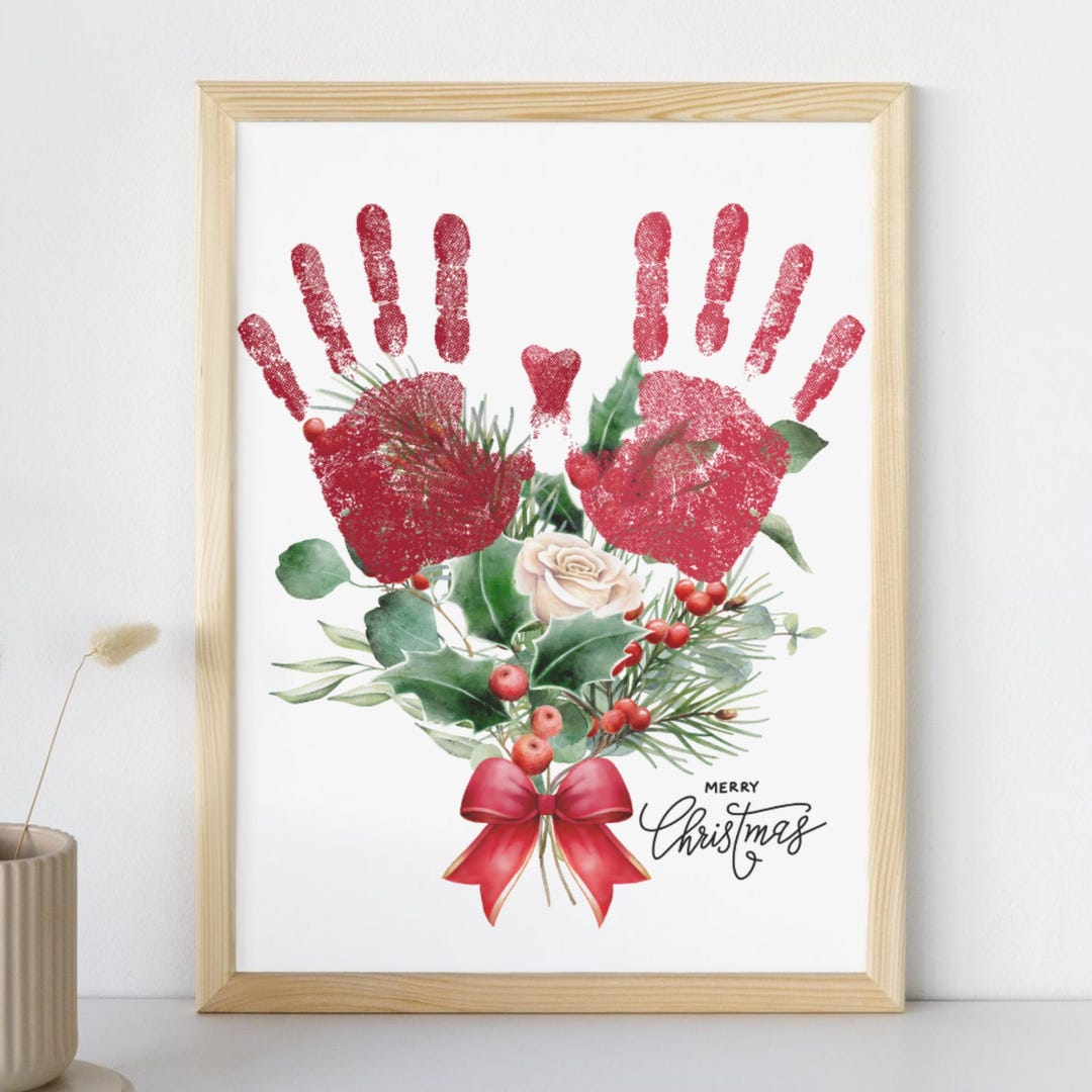 Winter Flower Bouquet Handprint Keepsake Art, Merry Christmas Handprint ...