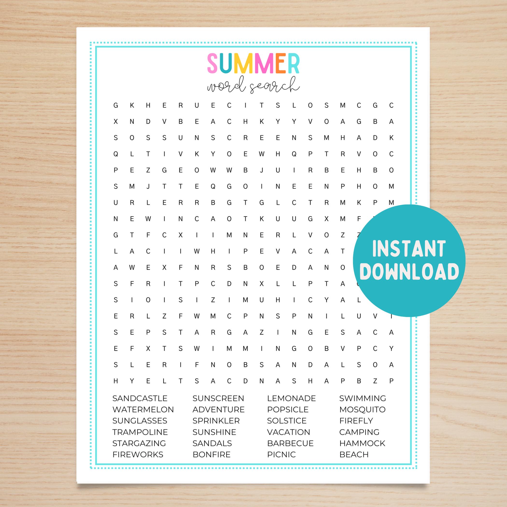 Summer Word Search Activity for Elementary Kids, Printable Last Day of ...