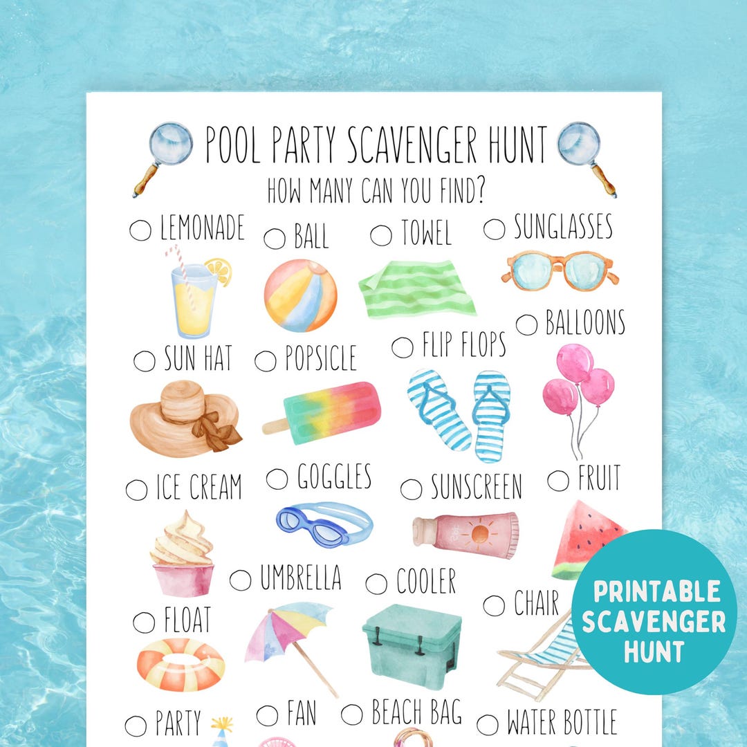 Pool Party Scavenger Hunt Activity, Pool Scavenger Hunt List, Poolside ...