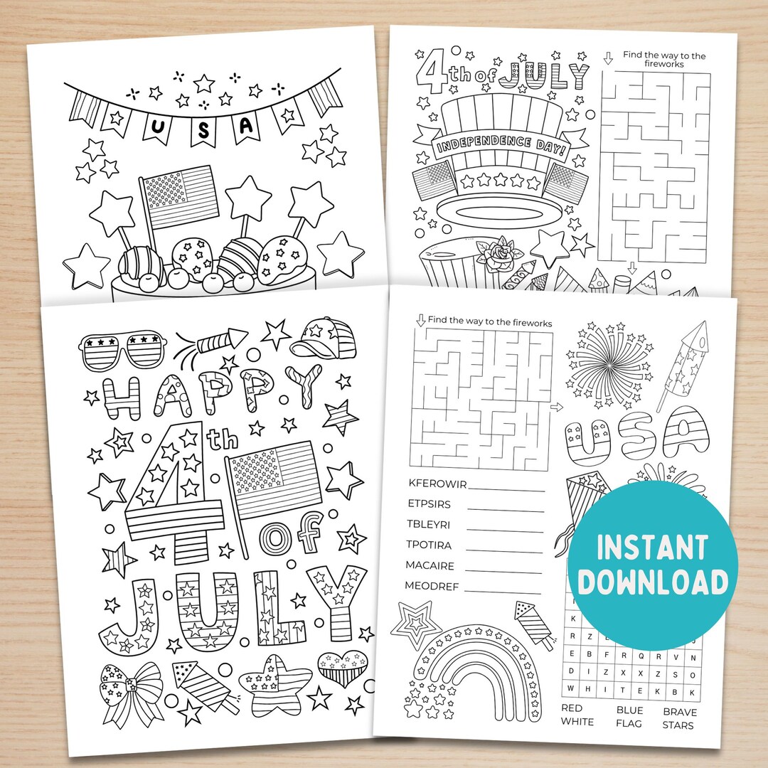 July 4 Coloring Page Worksheet, Independence Day Word Search Activity ...