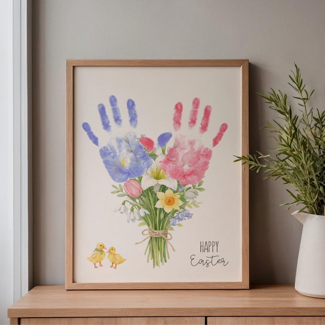 Floral Happy Easter Handprint Craft, Spring Flower Bouquet Footprint ...