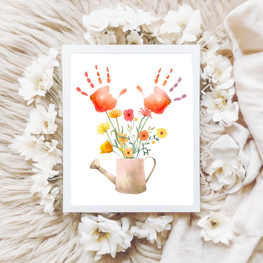 Mother's Day Flower Bouquet Handprint Art Craft DIY, Watercolor Orange ...