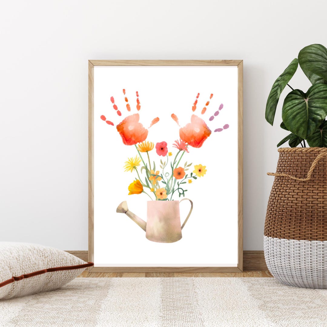 Mother's Day Flower Bouquet Handprint Art Craft DIY, Watercolor Orange ...