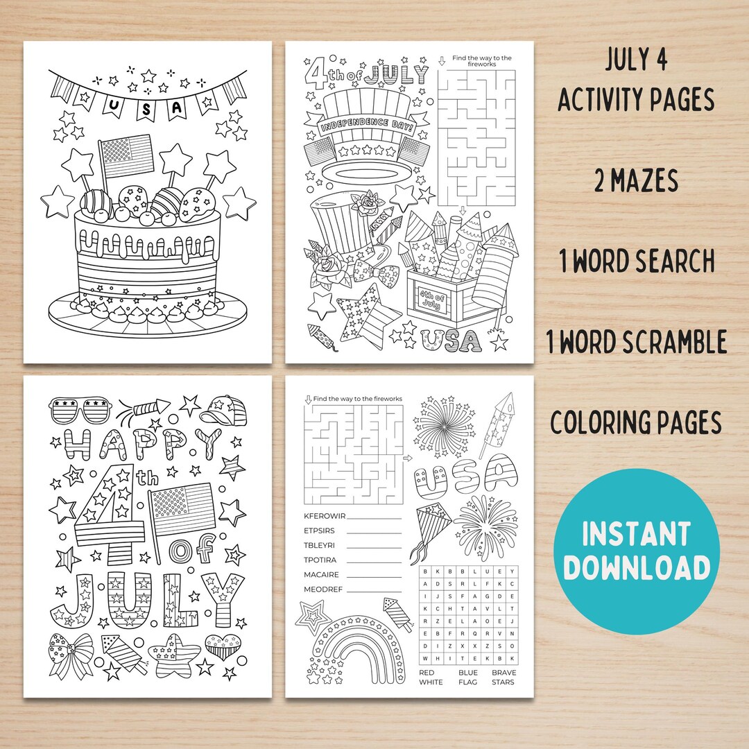 July 4 Coloring Page Worksheet, Independence Day Word Search Activity ...