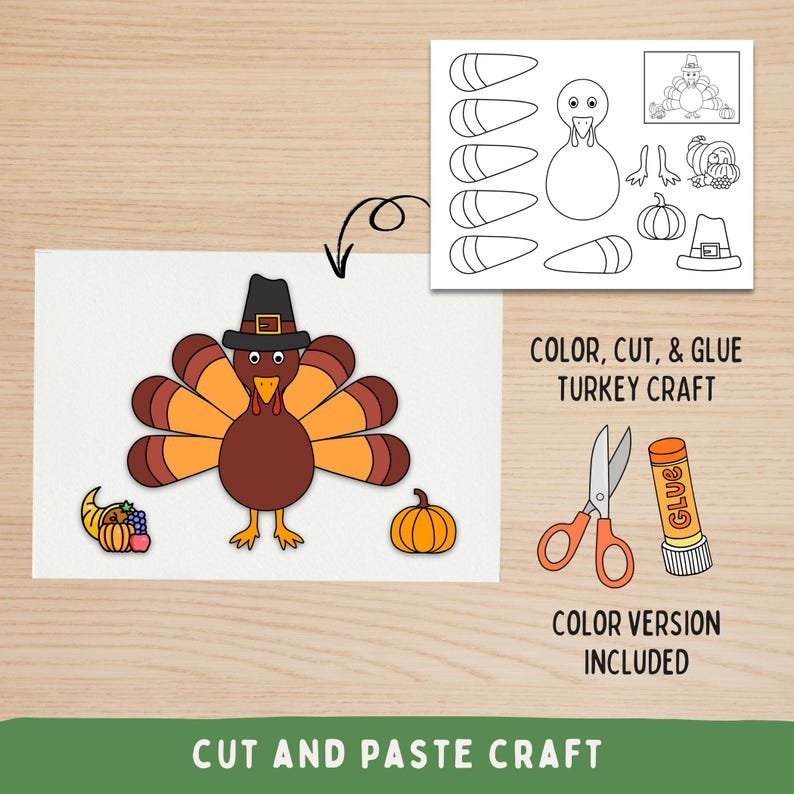 Turkey Cut and Paste Craft Kits, Thanksgiving Color, Cut and Glue ...