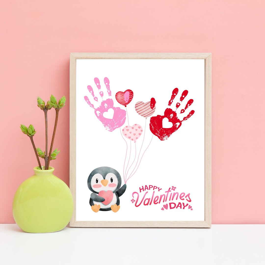 Happy Valentine's Day Handprint Craft DIY, Infant Penguin Balloon ...