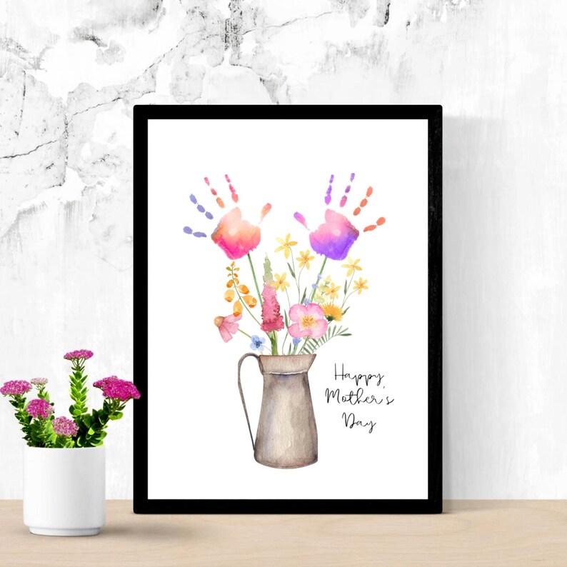 Mother's Day Flower Bouquet Handprint Art Craft DIY, Watercolor Yellow ...