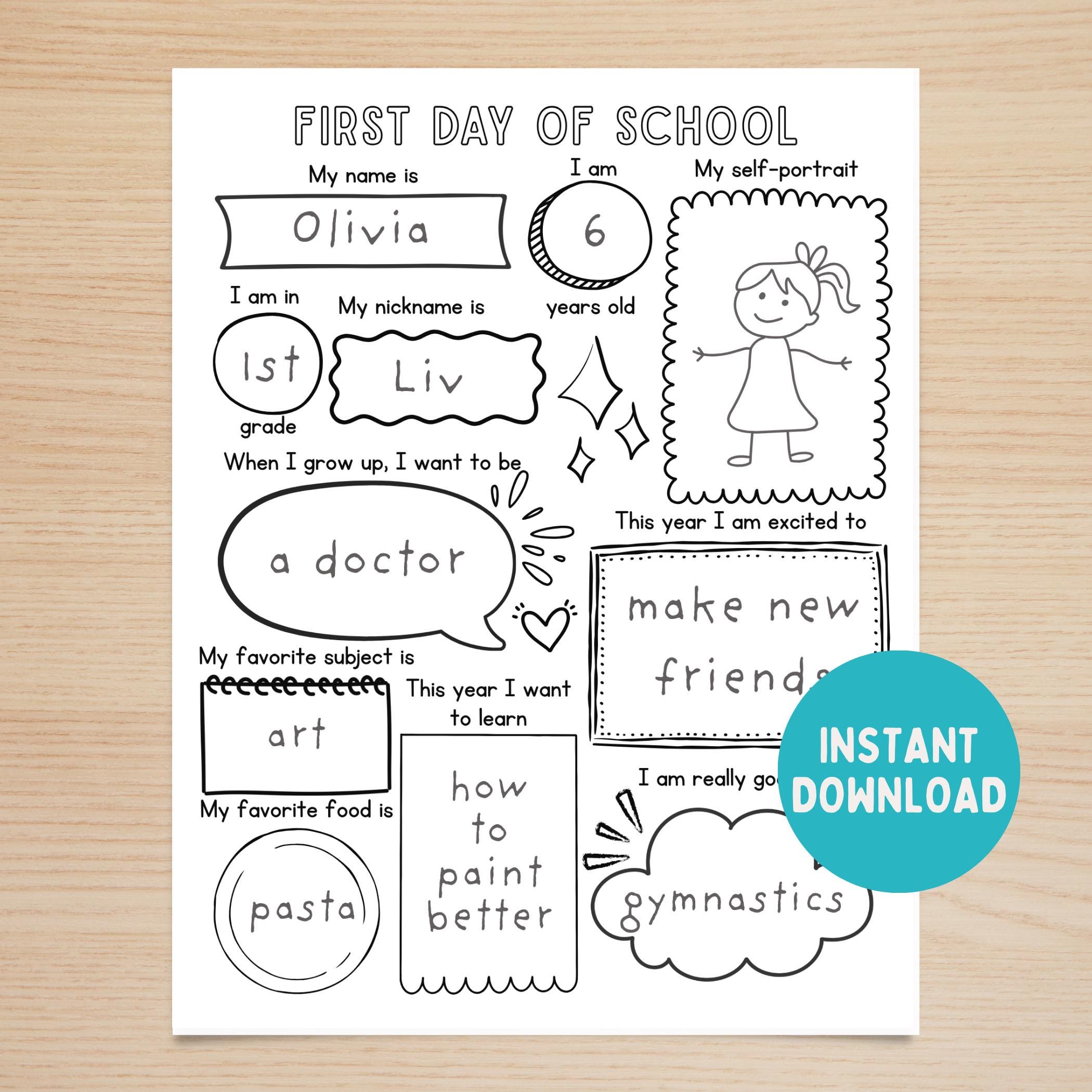 Back to School All About Me Worksheet, Doodle First Day of School Get ...