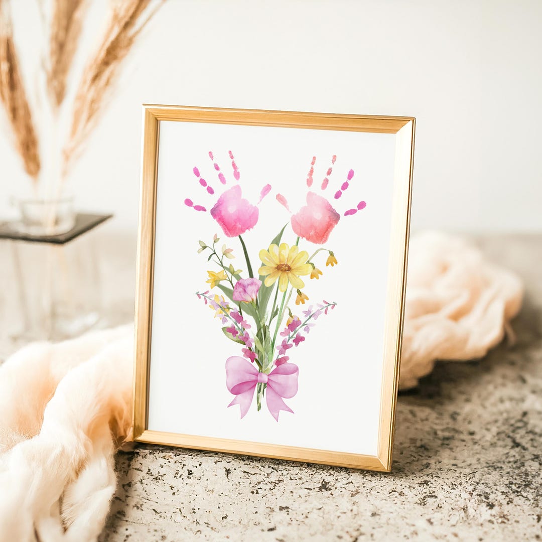 Spring Flower Bouquet Handprint Art Craft DIY, Watercolor Floral Mother ...