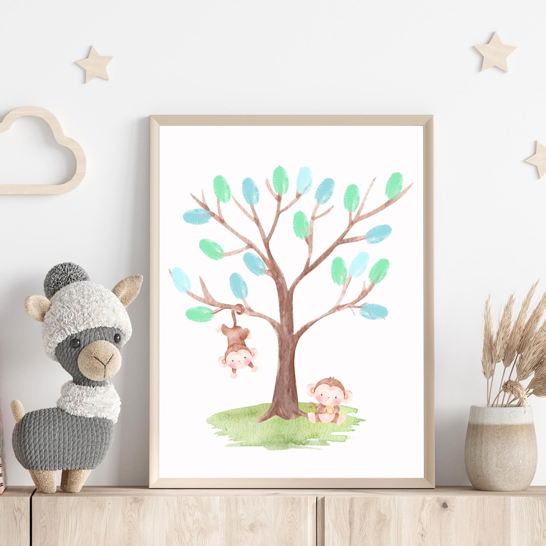 Monkey Fingerprint Craft, Fingerprint Tree Baby Shower Guestbook ...