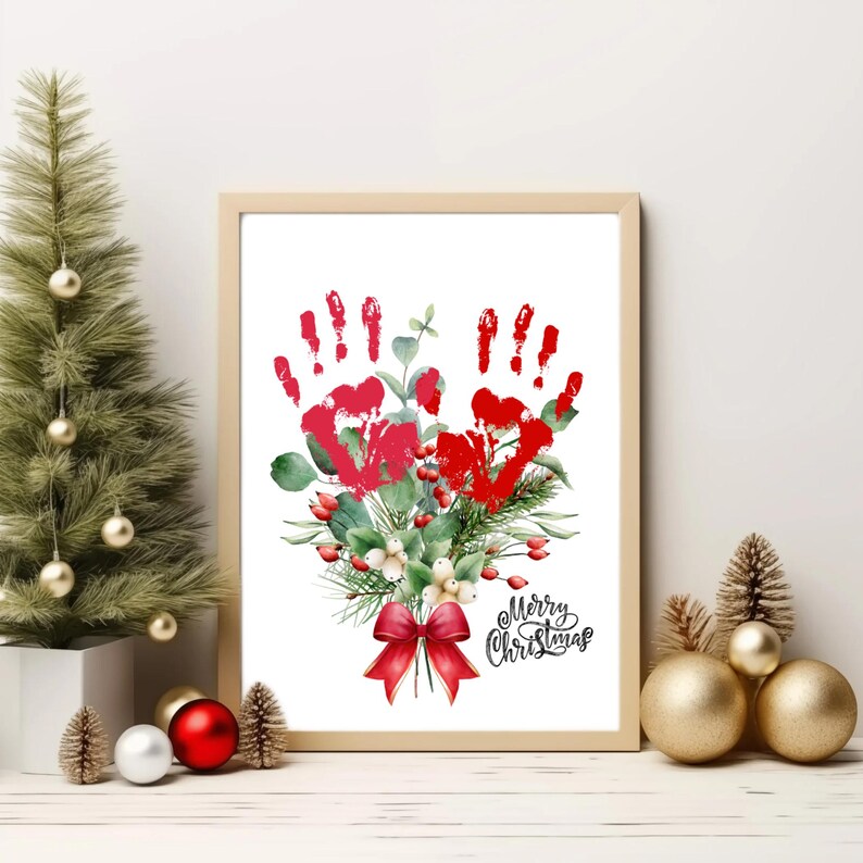 Winter Flower Bouquet Handprint Keepsake Art, Merry Christmas Handprint ...