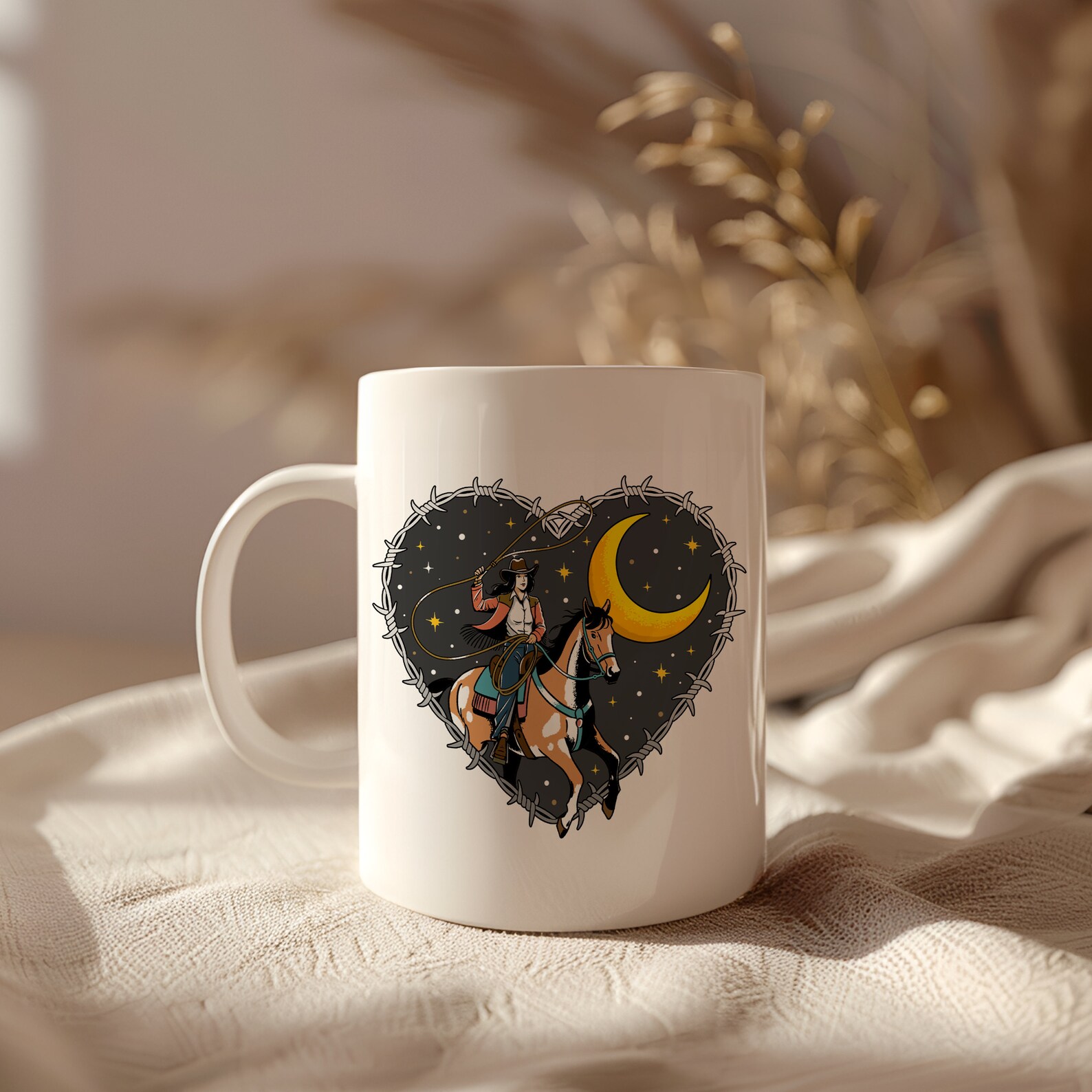 Cowgirl Roping Moon, Barbed Wire Heart Inspired Ceramic Mug Colors - Etsy