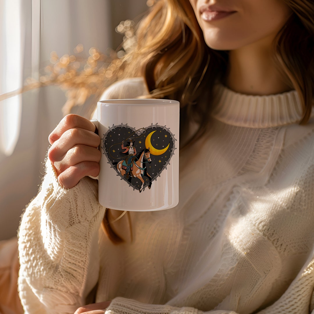 Cowgirl Roping Moon, Barbed Wire Heart Inspired Ceramic Mug Colors - Etsy