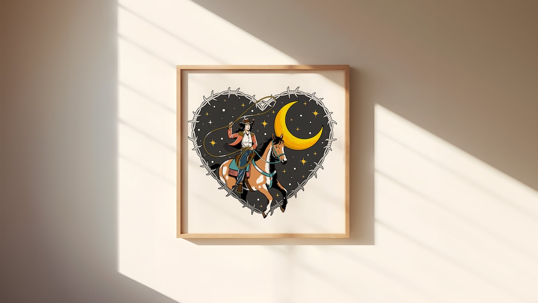 Wooden Framed Cowgirl Roping Moon, Barbed Wire Heart Print - Etsy