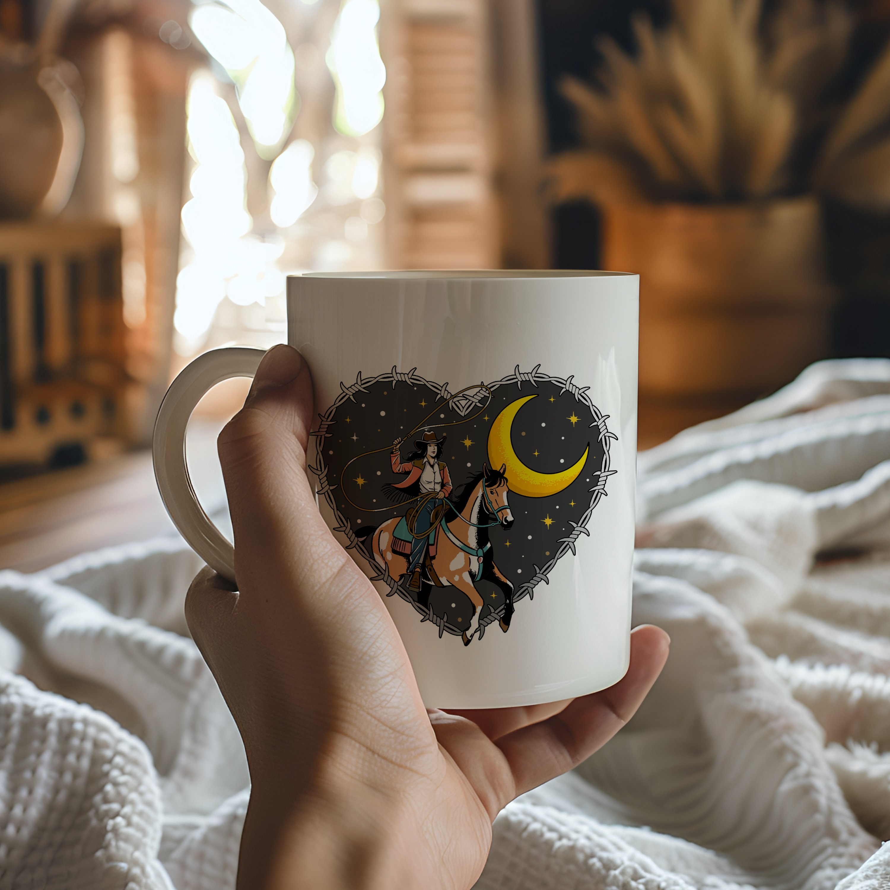 Cowgirl Roping Moon, Barbed Wire Heart Inspired Ceramic Mug Colors - Etsy