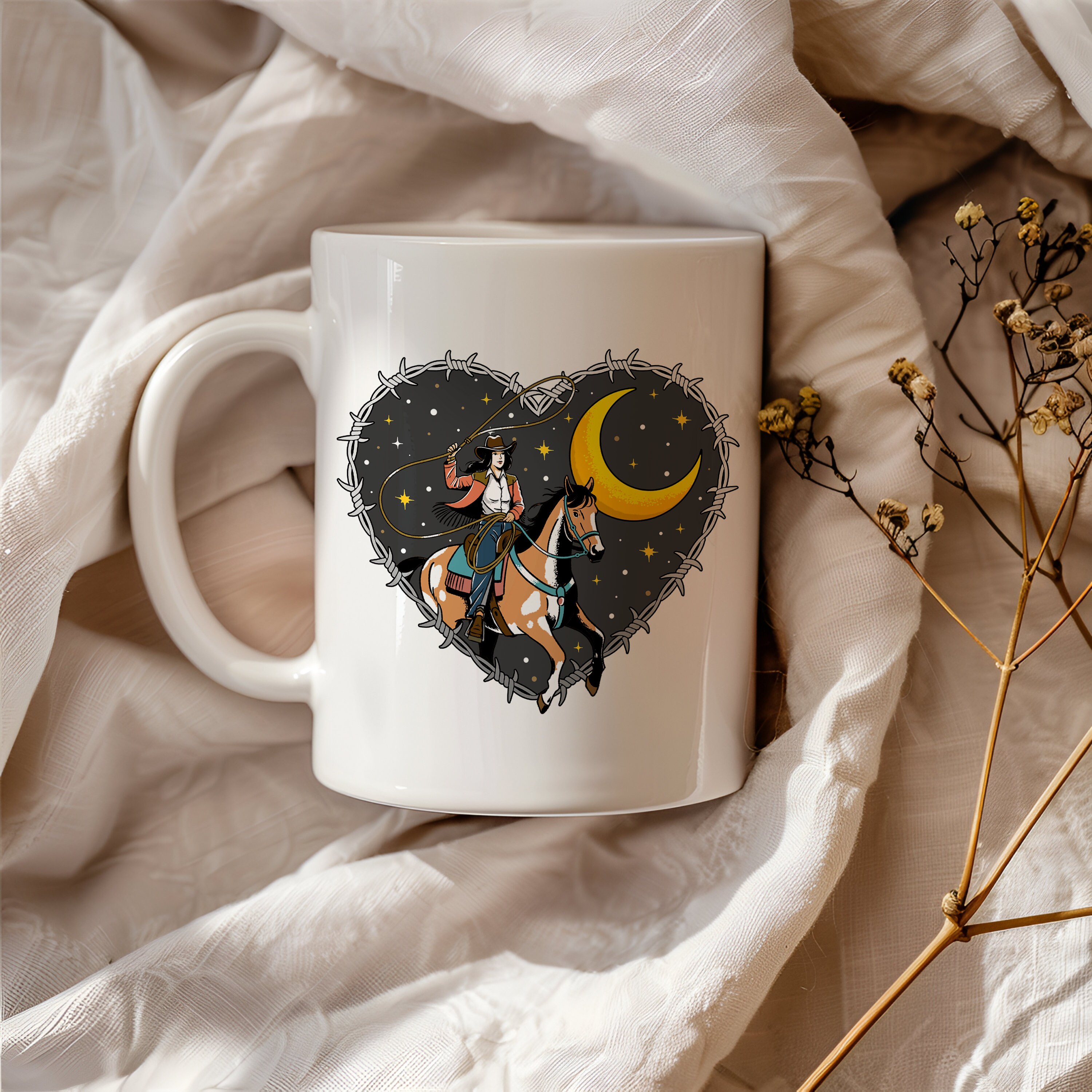 Cowgirl Roping Moon, Barbed Wire Heart Inspired Ceramic Mug Colors - Etsy