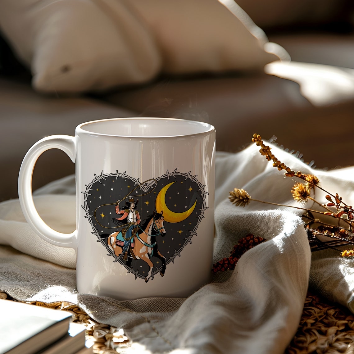 Cowgirl Roping Moon, Barbed Wire Heart Inspired Ceramic Mug Colors - Etsy