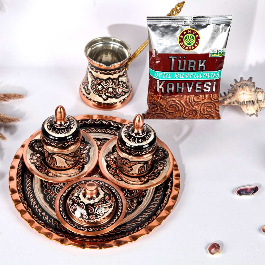 Turkish Coffee Cup Set for 2 With Copper Coffee Pot , Arabic Coffee Set ...