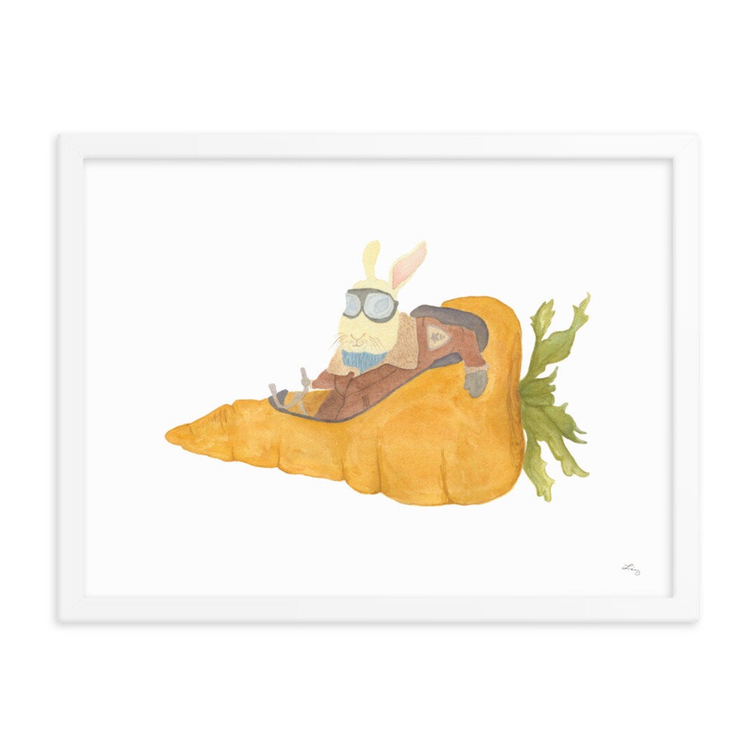 Bunny Pilot Flying Carrot Plane Framed Watercolor Print for Nursery - Etsy