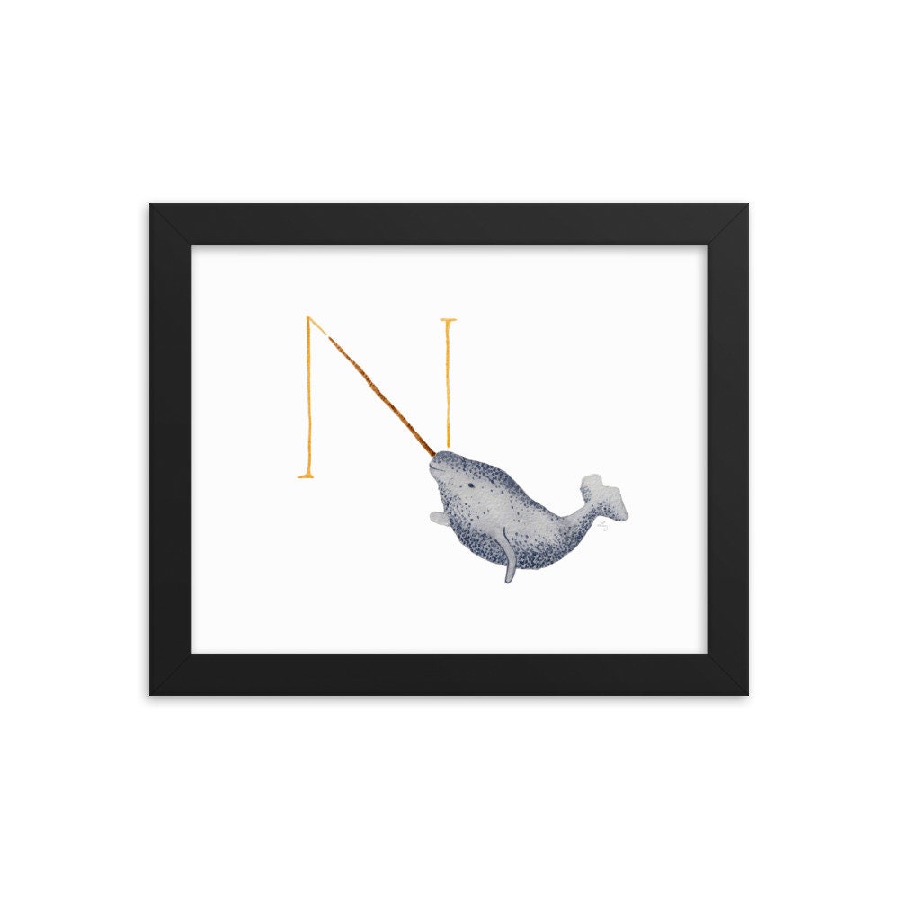 N is for Narwhal Framed Letter Poster, Watercolor Print for Baby ...