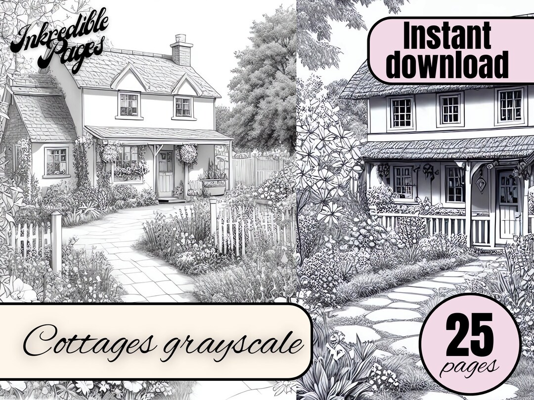 Coloring Pages for Adults Cottage Grayscale to Color Adult Coloring ...
