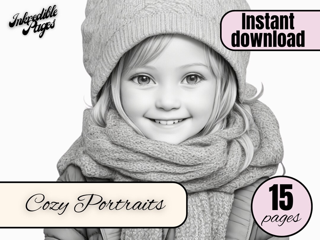 Cozy Portraits Adorable Girls in Wool Hood Scarf Printable Adult ...
