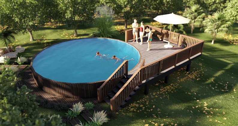 Pool Deck Plans Pool Deck Sign Above Ground Pool Deck 17'×20' 24' Round ...