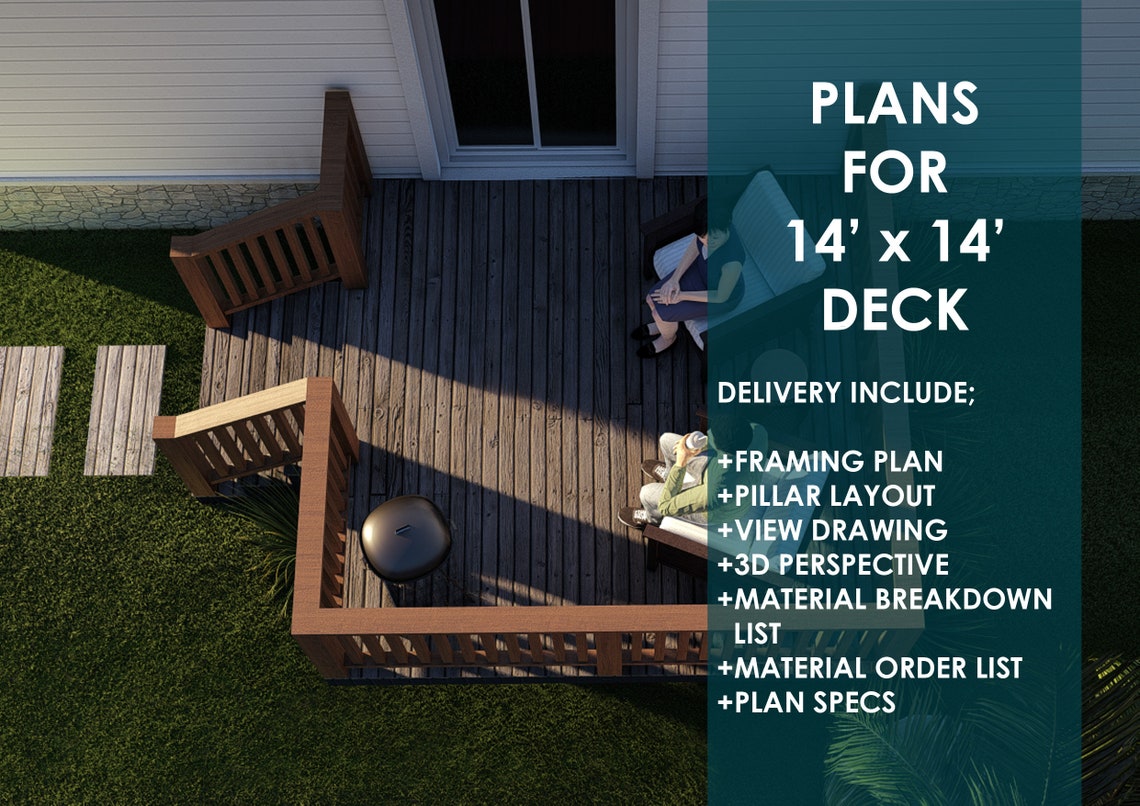 Deck Plans / Drawing Set - 14*14 Deck Drawings / Deck Blueprints / DIY ...
