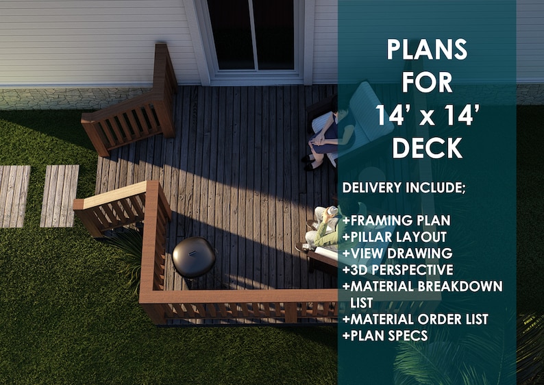 Deck Plans / Drawing Set - 14*14 Deck Drawings / Deck Blueprints / DIY ...