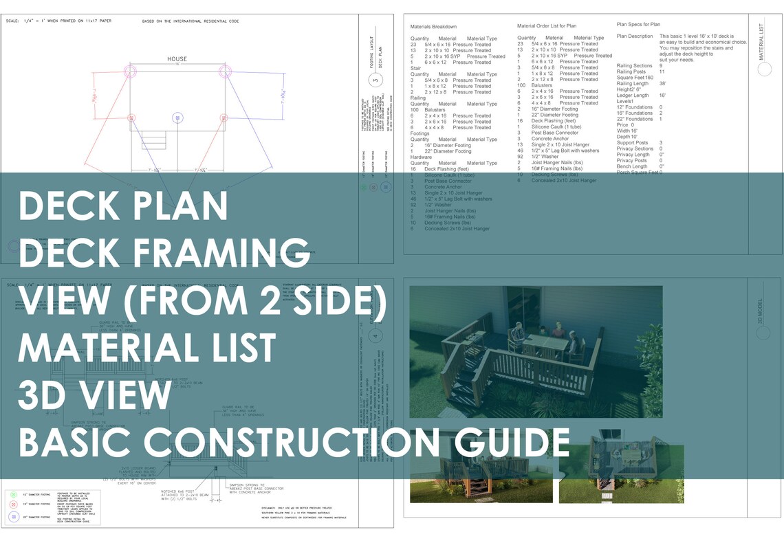 Deck Plans / Drawing Set - 16*12 Deck Drawings / DIY Woodworking Plans ...