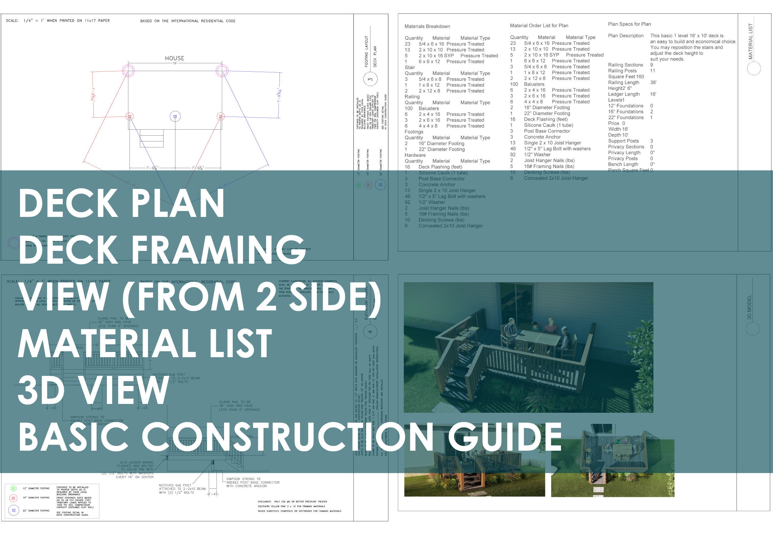 Deck Plans / Drawing Set - 16*12 Deck Drawings / DIY Woodworking Plans ...