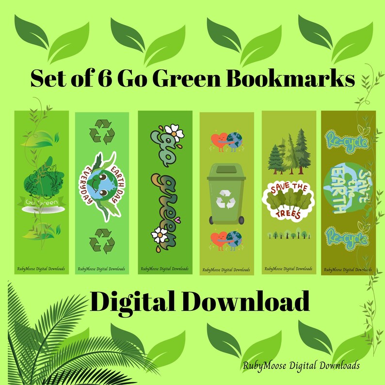 Set of 6 Go Green Bookmarks, Go Green Bookmarks, Digital Bookmarks to ...