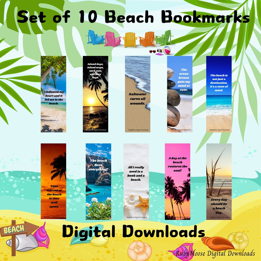 Set of 10 Beach Bookmarks, Beach Bookmarks, Digital Bookmarks to ...