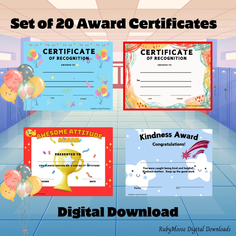 Set of 20 Award Certificates for Elementary School Students, Awards for ...