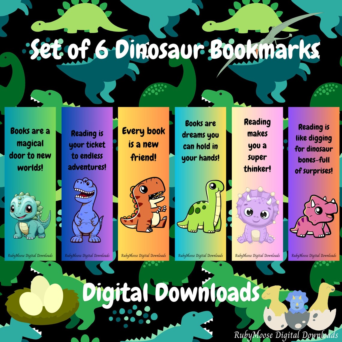 Set of 6 Dinosaur Bookmarks, Dinosaur Bookmarks, Digital Bookmarks to ...