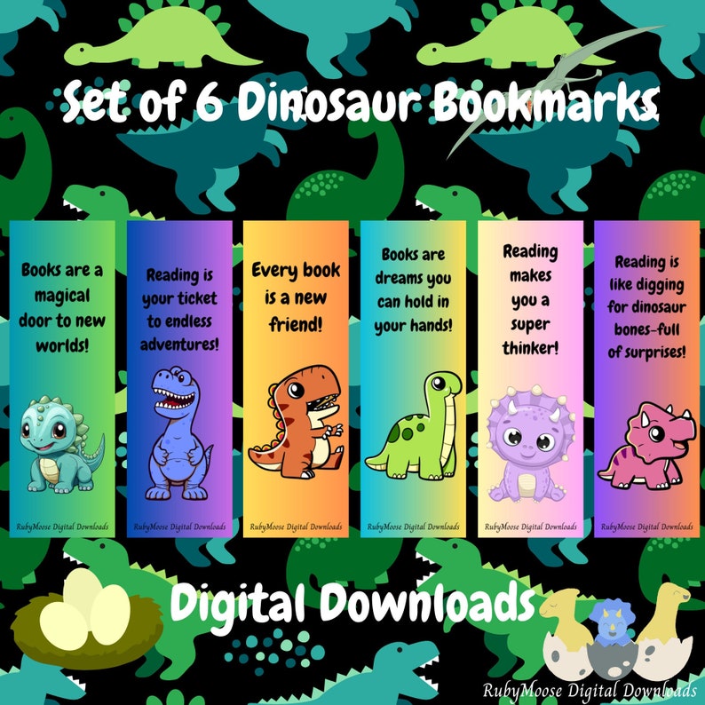 Set of 6 Dinosaur Bookmarks, Dinosaur Bookmarks, Digital Bookmarks to ...