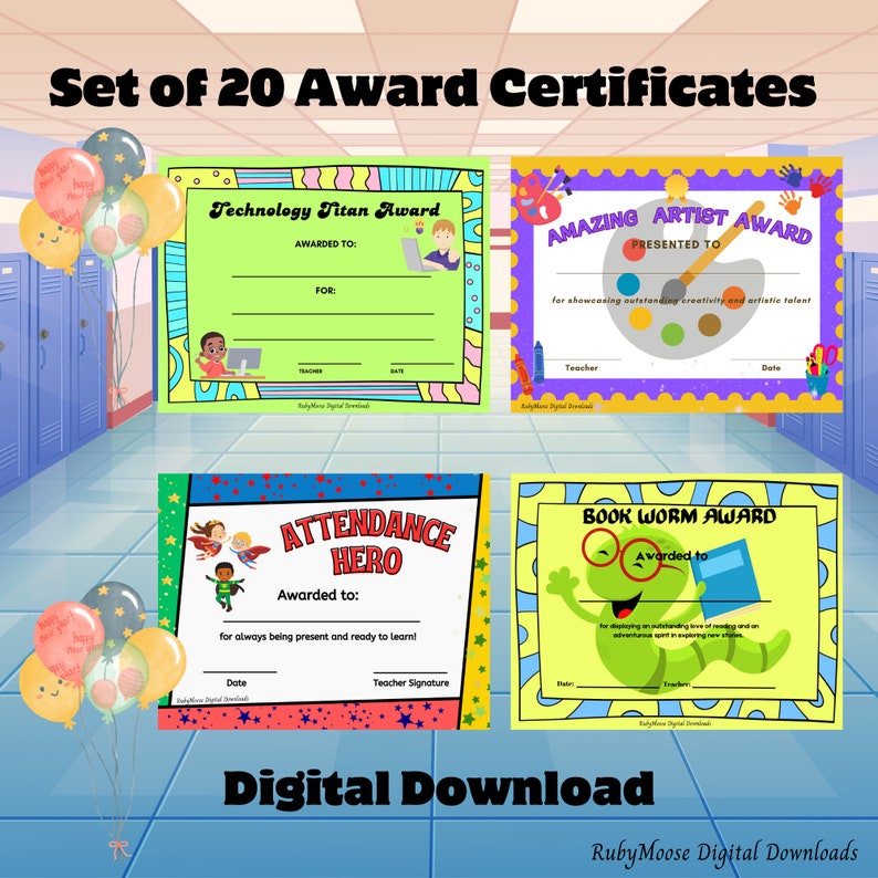 Set of 20 Award Certificates for Elementary School Students, Awards for ...