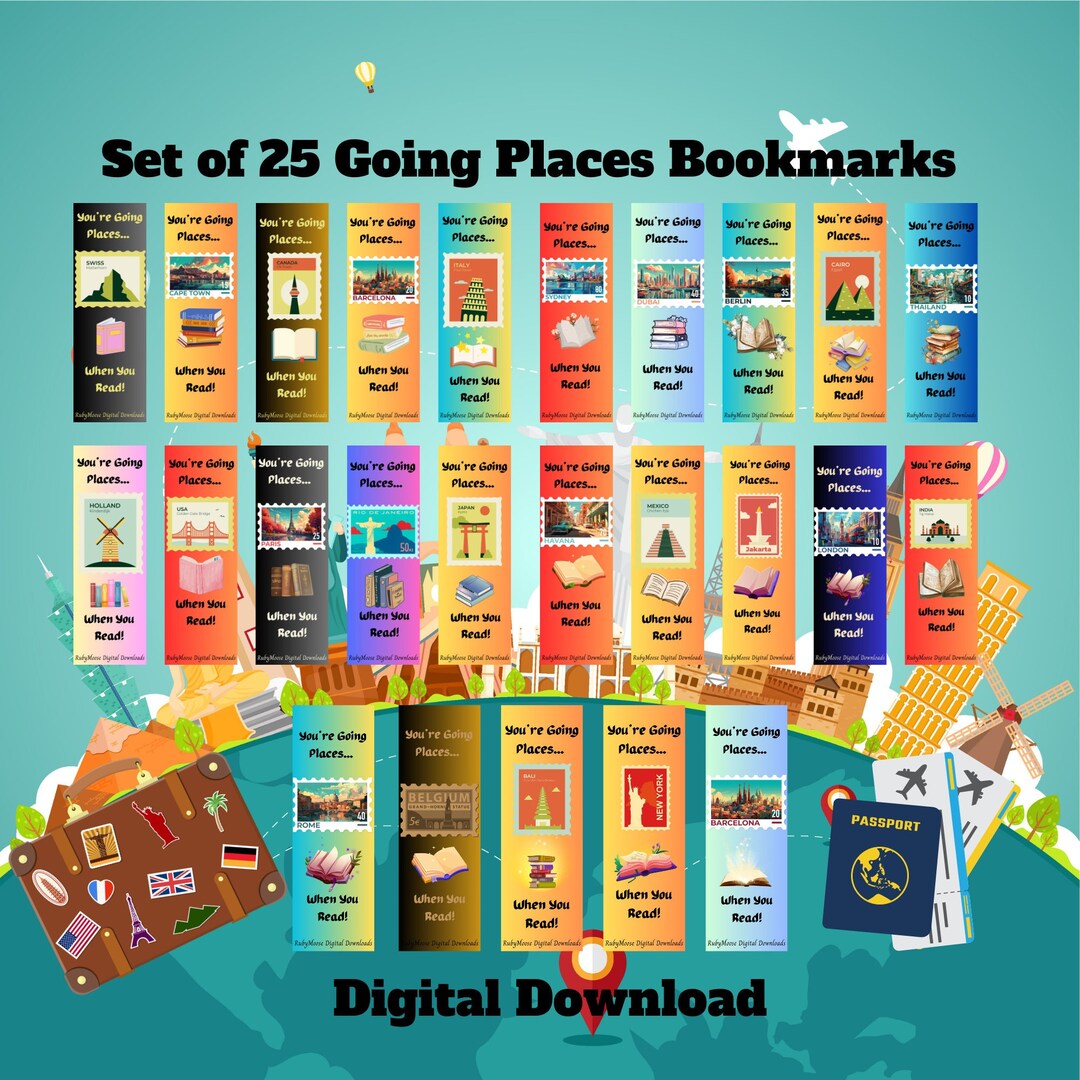 Set of 25 Going Places Bookmarks, Reading Takes You Places, Digital ...