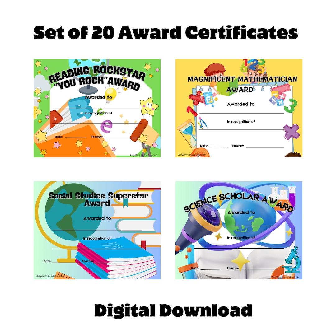 Set of 20 Award Certificates for Elementary School Students, Awards for ...