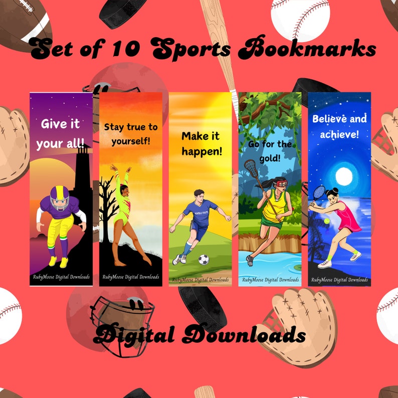 Set of 10 Sports Bookmarks, Sports Bookmarks, Digital Bookmarks to ...