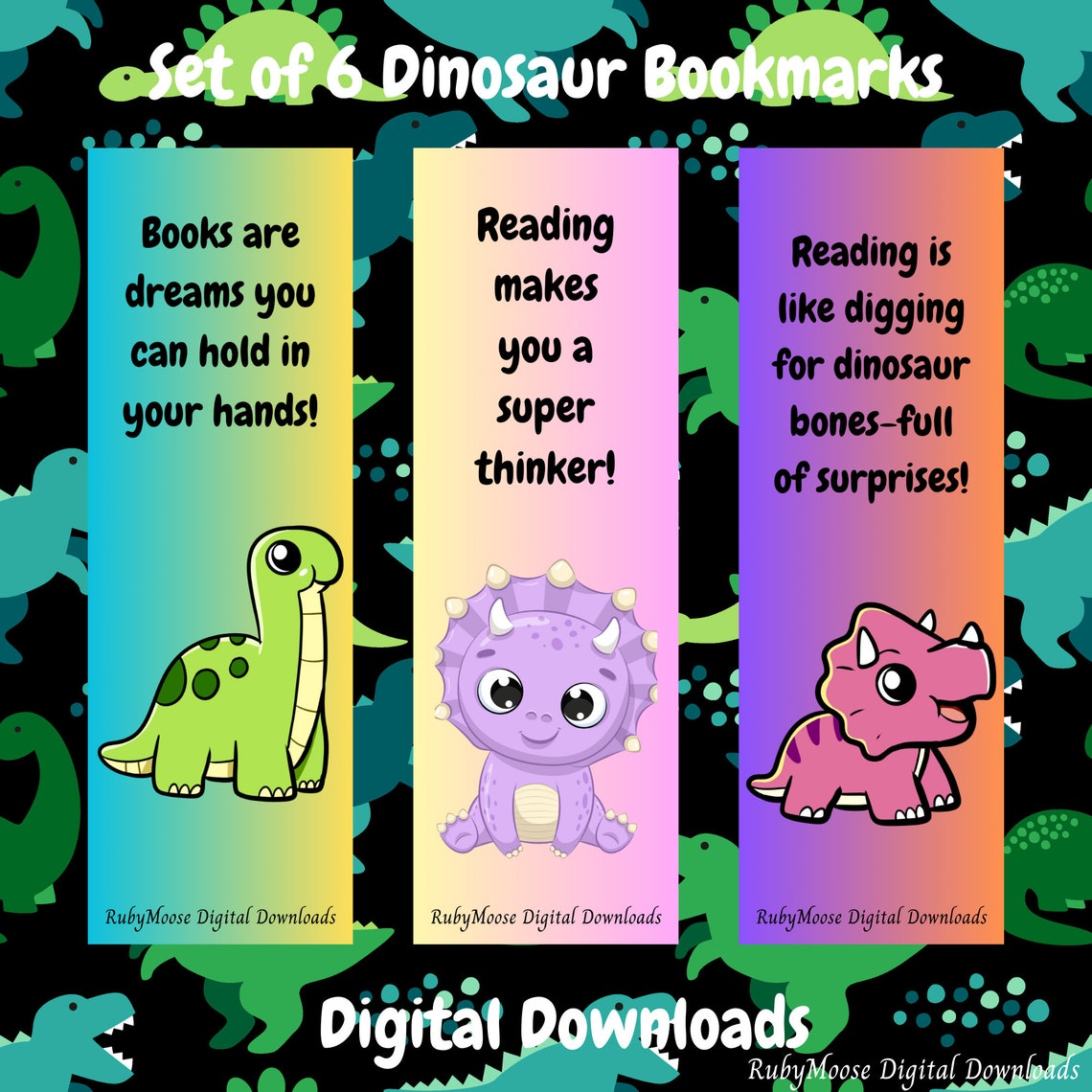 Set of 6 Dinosaur Bookmarks, Dinosaur Bookmarks, Digital Bookmarks to ...